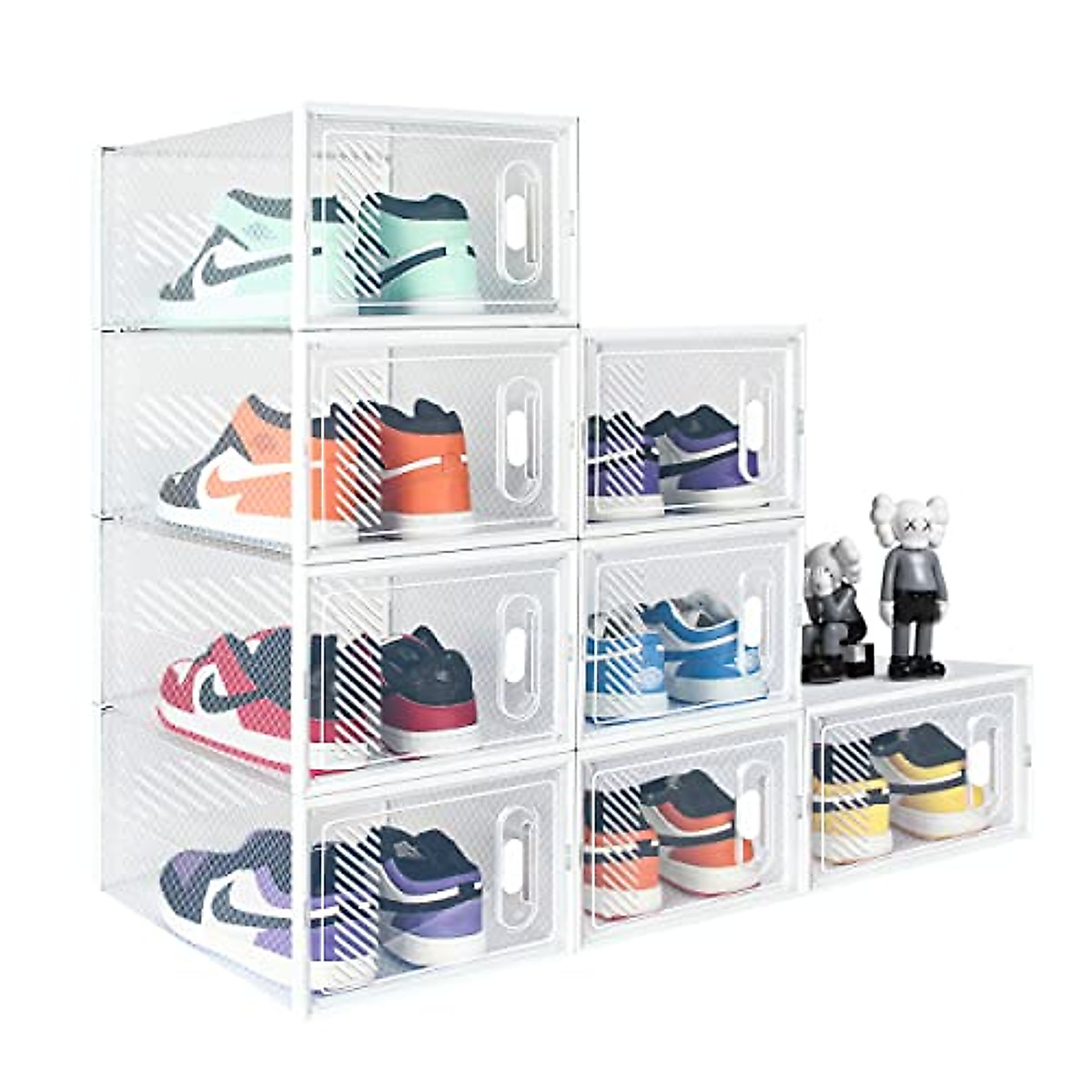 Hrrsaki 8 Pack X-Large Shoe Storage Boxes, Shoe Boxes Clear Plastic Stackable, Shoe Organizer Boxes with Front Opening Lids, Ventilation and Dust-proof, Shoe Container Boxes for Closet, Bedroom, Bathroom, Fit for Women/Men Size 14(14” x 11” x 8.3”) (white