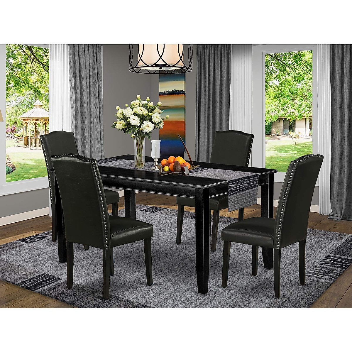 East West Furniture DUEN5-BLK-69 Dudley 5 Piece Room Set Includes a Rectangle Kitchen Table and 4 Black Faux Leather Parsons Dining Chairs, 36x60 Inch