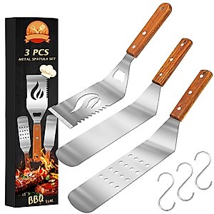 3PCS Stainless Steel Metal Spatula Burger Turner Spatula，Solid Cooking Spatula，Perforated Cooking Spatula and Griddle Spatula，Hamburger Turner with Wooden Handle for Barbecue Father Dad Gifts
