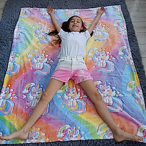 Glow in The Dark Rainbow Unicorn Flannel Throw Blanket – Soft and Cozy for Girls Ages 3 to 10, Suitable for Bedroom, Travel, Camping, Napping, Christmas and Birthday Gift for Girls, Size 50"x60"