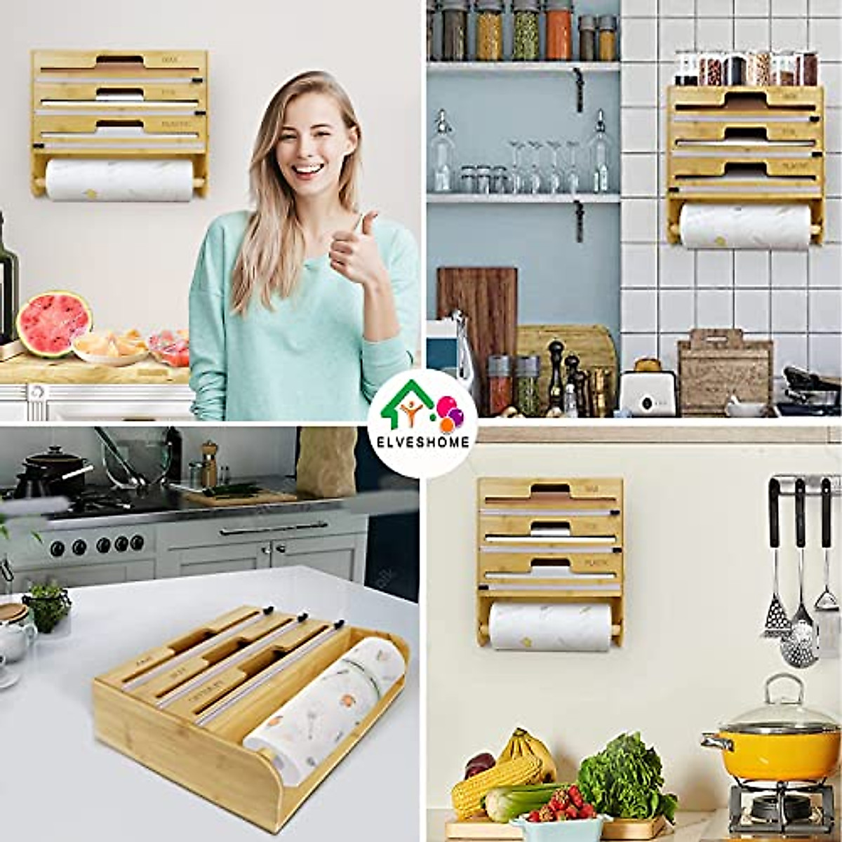 Foil and Plastic Wrap Organizer, Paper Towel Holder Wall Mount, 5 in 1 Plastic Wrap Food Dispenser with Cutter for 12" Wax Paper Parchment Roll Aluminum Foil Dispenser for Kitchen Organization Storage