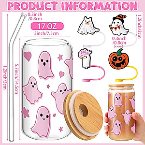 Yetene 17 oz Pink Ghost Halloween Cup 4 Pcs Straw Cover Ghosts Glass with Bamboo Lid Glass Straw Cute Spooky Iced Coffee Cup Smoothie Can Cup Halloween Gifts for Women Teens