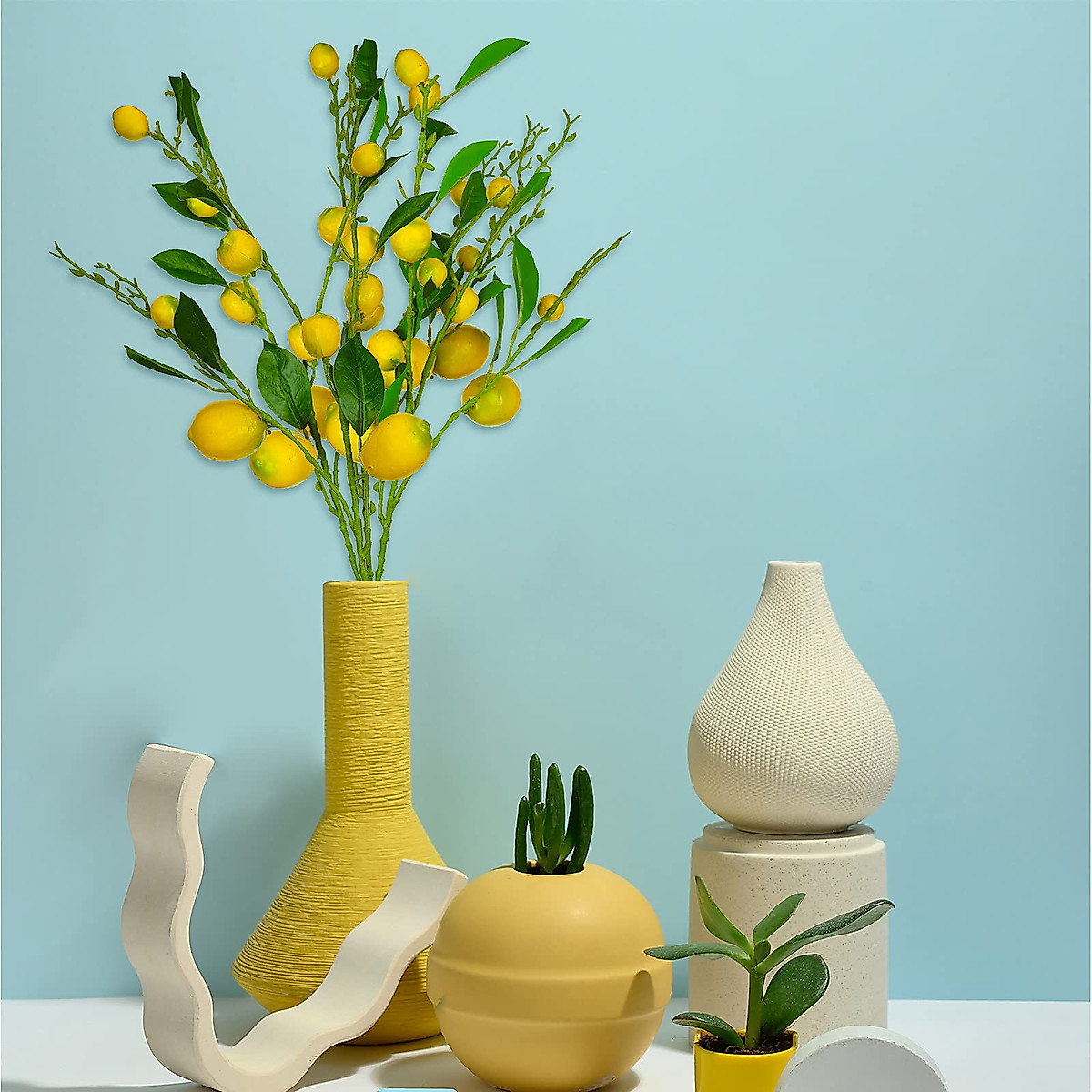 Waydress 3 Pieces Artificial Lemon Branches Fake Yellow Lemon with Green Leaves Decor Lifelike Fake Lemon Branch Props for Party Home Garden Decoration, 32 Inch