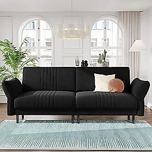 Belffin Velvet Futon Sofa Bed Convertible Futon Couch Split Back Upholstered Modern Sleeper Sofa Elegant Black