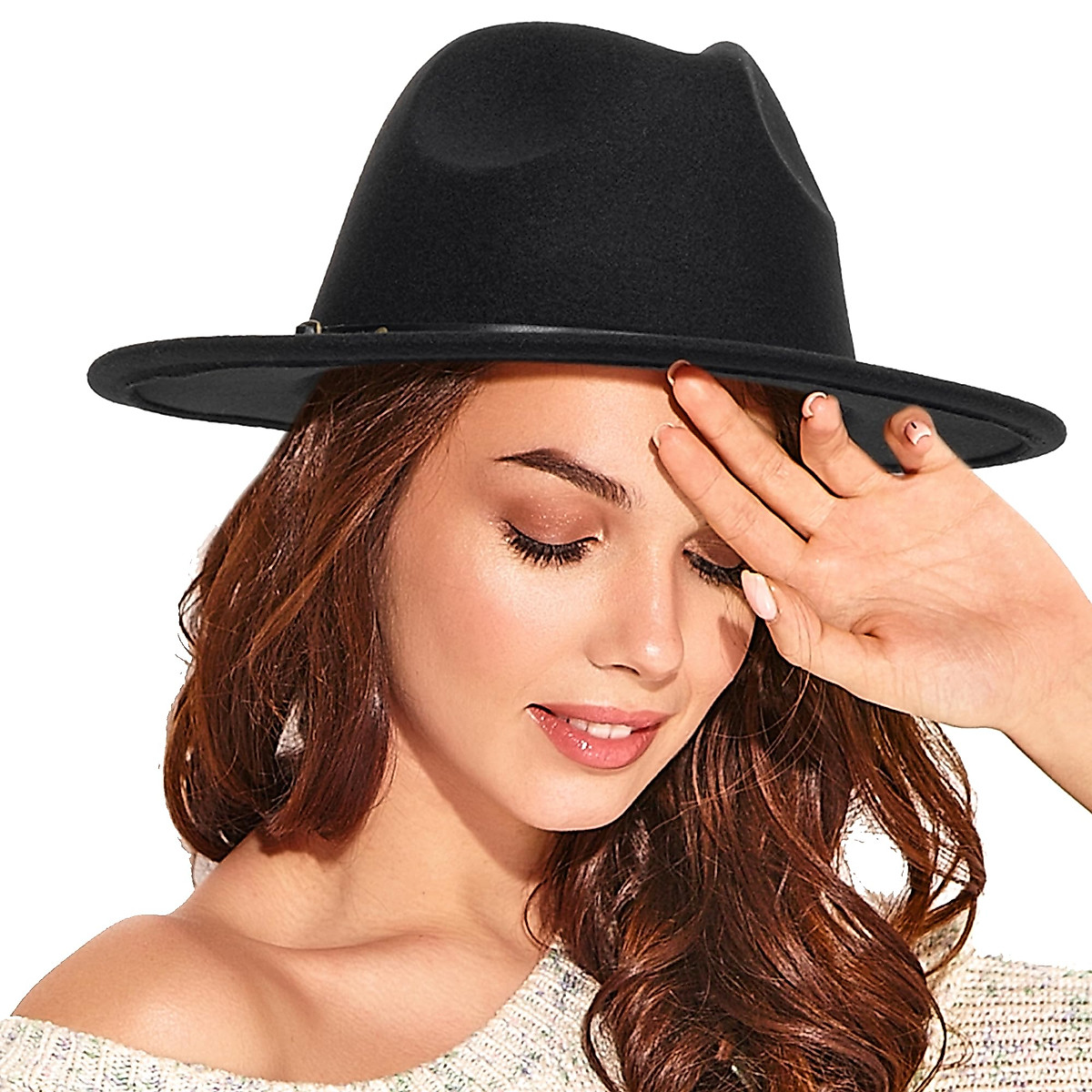 Felt Fedora Hat Womens Classic Hat Wide Brim Jazz Hat with Belt Buckle (Black with Black Belt, Medium (22"-23"))