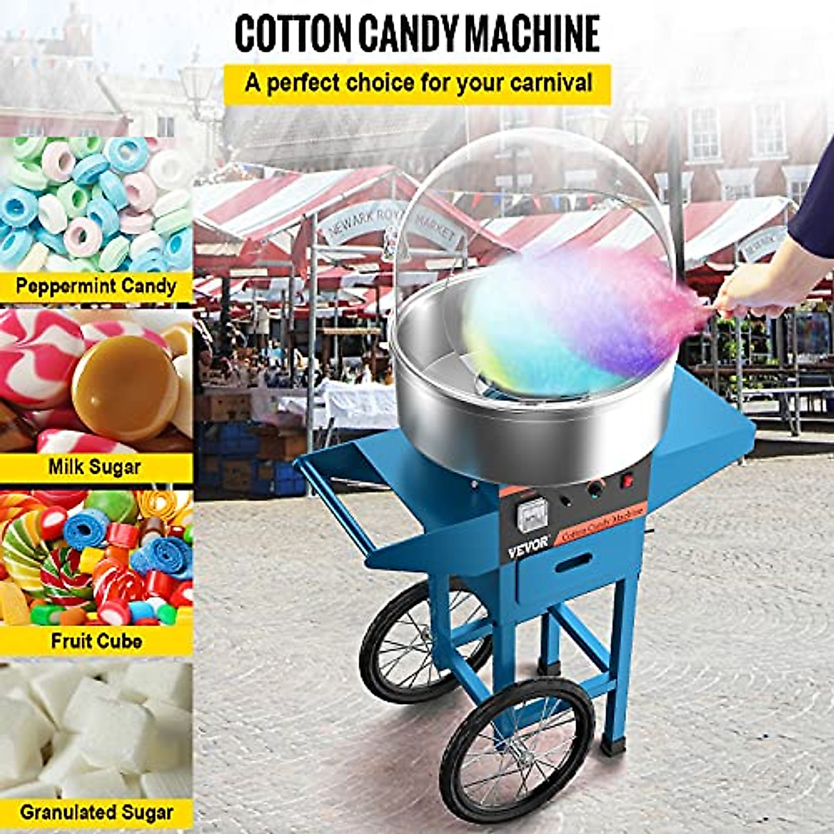 VBENLEM Cotton Candy Machine Commercial with Bubble Cover Shield and Cart Stainless Steel Candy Floss Maker Blue 1030W Electric Cotton Candy Maker for Various Parties