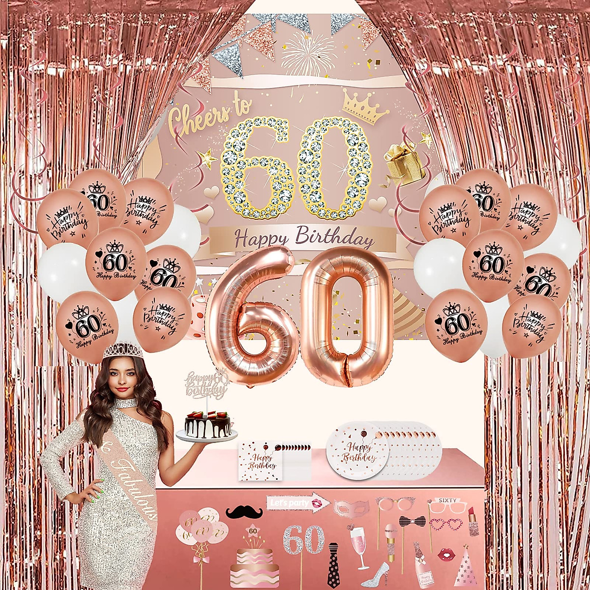 60th Birthday Decorations for Women,90 PCS Rose Gold 60th and Fabulous Birthday Decorations,Including Happy 60th Birthday Banner Backdrop,Crown,Hanging Swirl, birthday Balloons, Foil Backdrops,Cake Toppers, Plates, Photo Props, Birthday Sash,60th Birthday