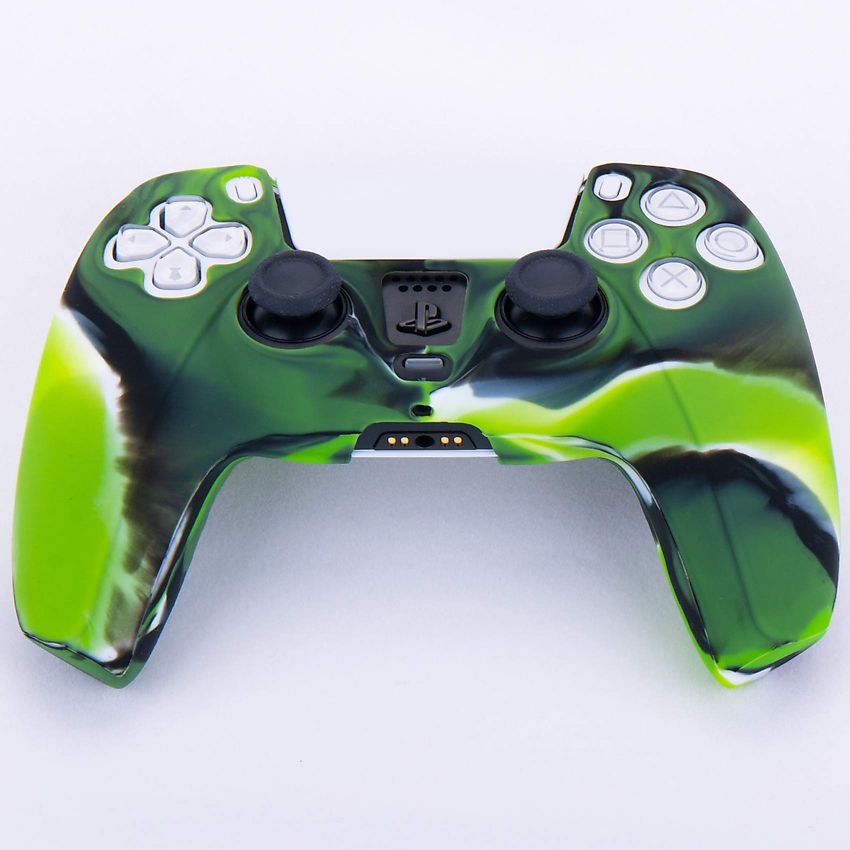 9CDeer 1 Piece of Silicone Protective Cover Skin + 6 Thumb Grips for Playstation 5 / PS5 Controller Camouflage Green
