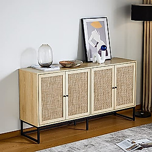 QEIUZON Modern Sideboard Cabinet, Accent Storage Cabinet with Rattan Doors and Adjustable Shelves, Freestanding Sideboard Storage Cabinet for Kitchen Dining Living Room Office (Natural)