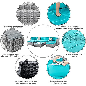 Shintenchi 7 Pieces Ottoman Outdoor Patio Sectional Sofa Couch, Silver Gray PE Wicker Furniture Conversation Sets with Washable Cushions & Glass Coffee Table for Garden, Poolside, Backyard Blue