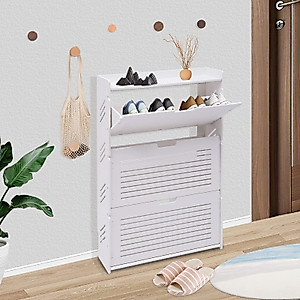 DreamRcoach 3-Layer Shoe Storage Cabinet, Tipping Shoe Cabinet, Freestanding Shoes Rack, Bamboo Shoes Shelf Rack for Hallway, Bedroom, Apartment, 19.29 x 6.69 x 42.91inch, White