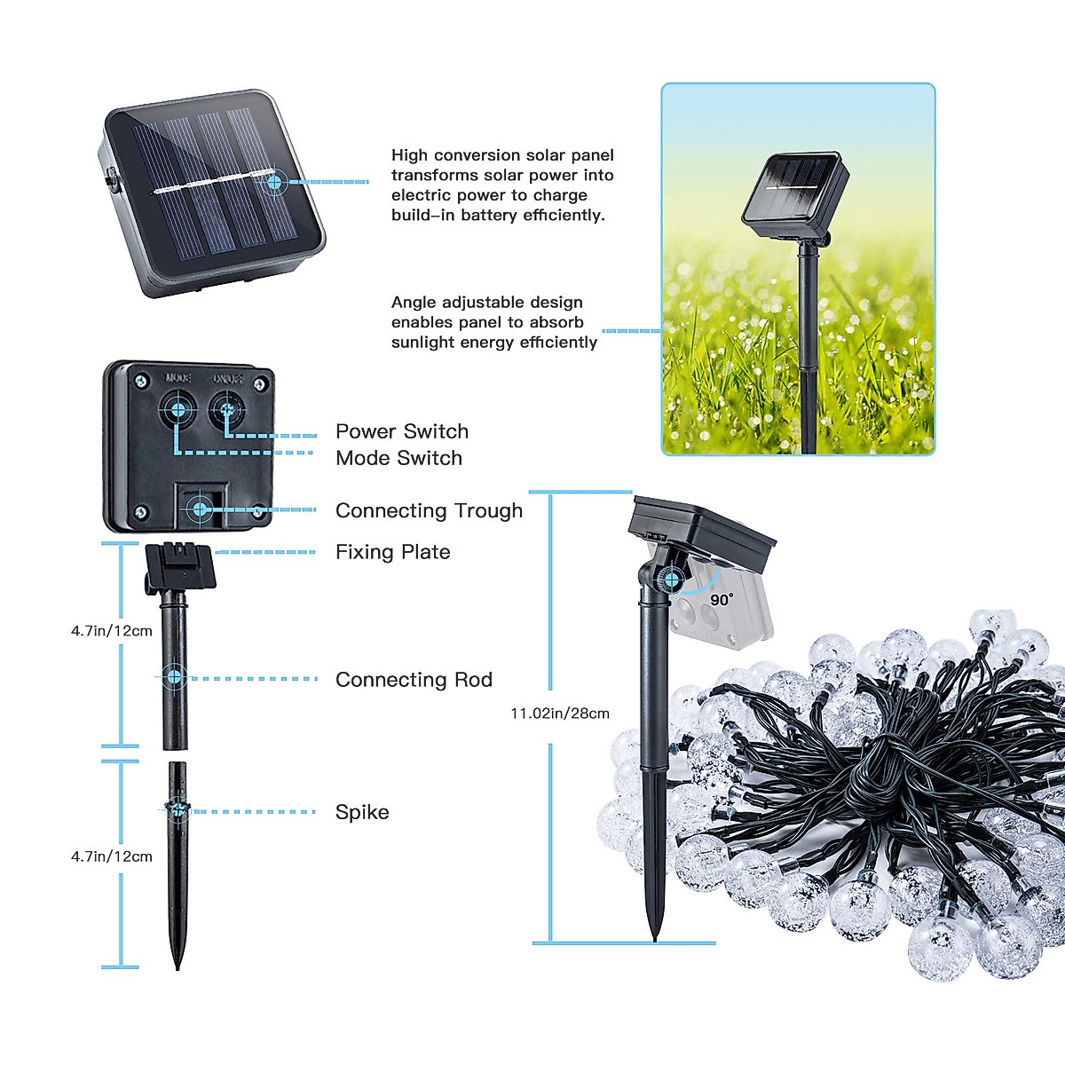 unbrands Solar String Lights Outdoor , 60LED Globe Fairy Waterpro of Lights , 8 Modes 11M/36ft Outdoor Solar String Lights for Garden, Patio Yard, Home ,Christmas ,Parties ,Wedding (Warm White)