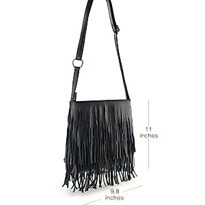 Glossy Fringe Cross Body Shoulder Bag Tassel Womens Purse(Black)