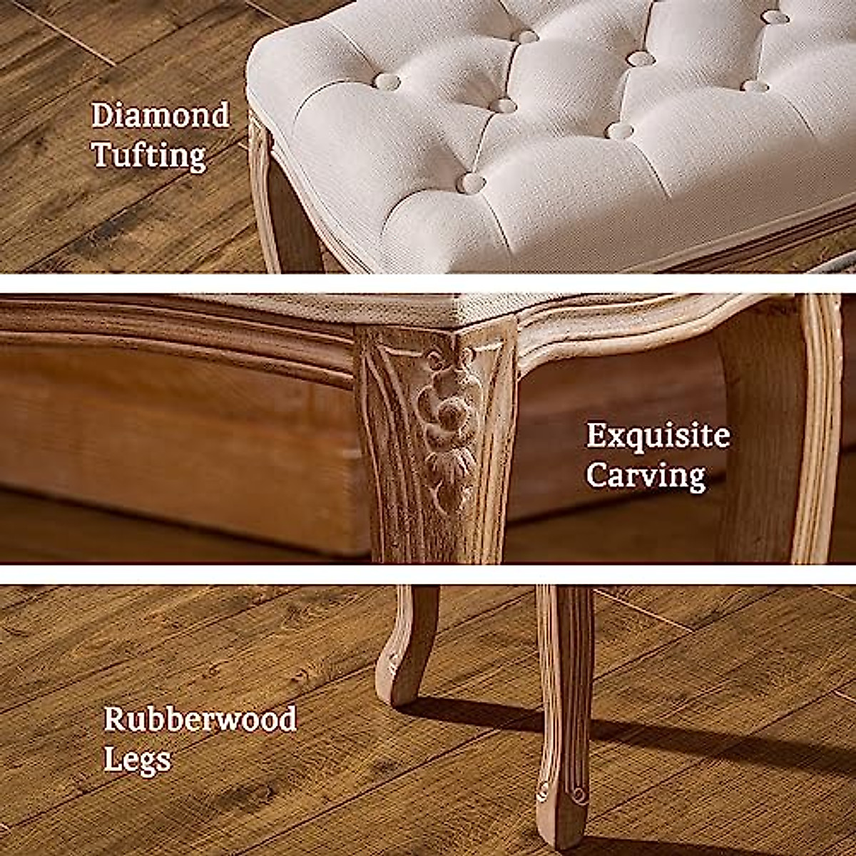 VONLUCE French Vintage Bench with Padded Seat & Rubberwood Legs, 44" Upholstered Entryway Bench & Dining Bench, Tufted Fabric End of Bed Bench for Bedroom Living Room Hallway More, Beige