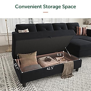 HONBAY Sleeper Sectional Sofa Set Velvet U Shaped Couch with Storage Ottoman 4-Seat Sectional Sofa Set for Living Room, Black