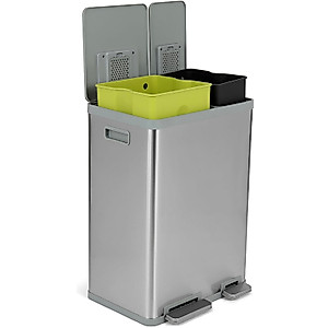 Simpli-Magic 60 Liter / 16 Gallon Rectangular Hands-Free Dual Compartment Recycling Kitchen Step Trash Can with Soft-Close Lid, Brushed Stainless Steel (40L + 20L Capacity)