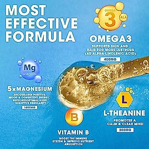 Magnesium Glycinate Liquid Drop with Citrate, Oxide and Taurate, Calm Magnesium with Omega3, L-Theanine, D3, B6, B12 for Calm, Sleep, Leg Cramps, Muscles, Energy, Sugar-Free Strawberry Flavor, 2 Fl Oz