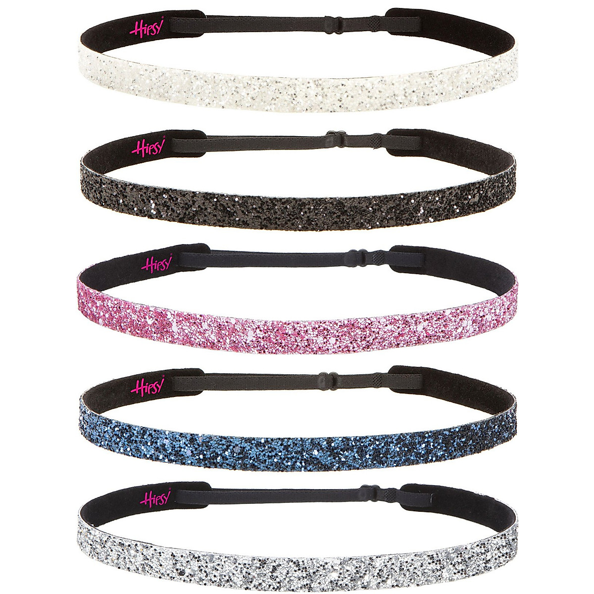 Hipsy 5pk Women's Adjustable NO SLIP Skinny Bling Glitter Headband Multi Gift Pack (Silver/Navy/L. Pink/Black/White)