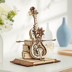 ROKR 3D Puzzles for Adults 1:5 Scale Cello Model Kit with Base 199pcs Wooden Music Box Building Kit Desk Gift for Men Women Hobby for Adults