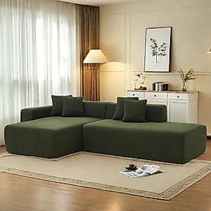 ChicFurnit Sectional Couch, Sofa with Right Chaise Lounge, L-Shaped Lambs Wool Fabric Upholstered Couch, 5-Seater Corner Sofa with 4 Back Pillows for Apartments, Living Room, Green