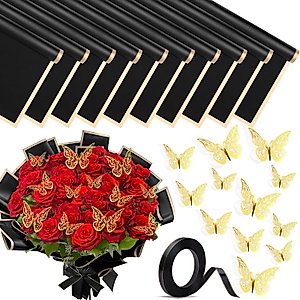 Tetutor Waterproof Flower Wrapping Paper,20 Sheets Bouquet Wrapping Paper Sheets, Floral Wrapping Paper Bouquet With Ribbons 3D Butterflies for Florist Wrap Wedding Birthday