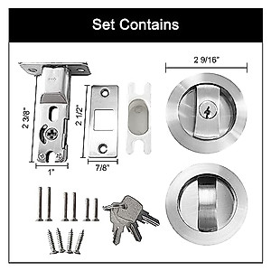 Round Pocket Door Lock with Keys - Recessed 2 Sided Handle Hardware for Privacy Barn Door and Sliding Door with Latch - Fits 1 3/8” to 2 3/16” Thickness Door (1 Pack, Sliver-Entry)