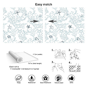Akywall Ocean Wallpaper Peel and Stick White and Blue Contact Paper Textured Sea Coral Starfish Shells Self Adhesive Vinyl Roll Stick on Wallcovering Cute for Home Decor 78.7in
