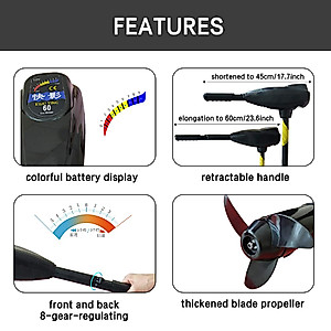 YUEWO Trolling Motor 34/50/60/65LBS Thrust Transom Mounted Saltwater Kayak Electric Boat Motor with 9 Levels of Colorful Power Display and 8 Variable Speed for Inflatable Fishing Boats