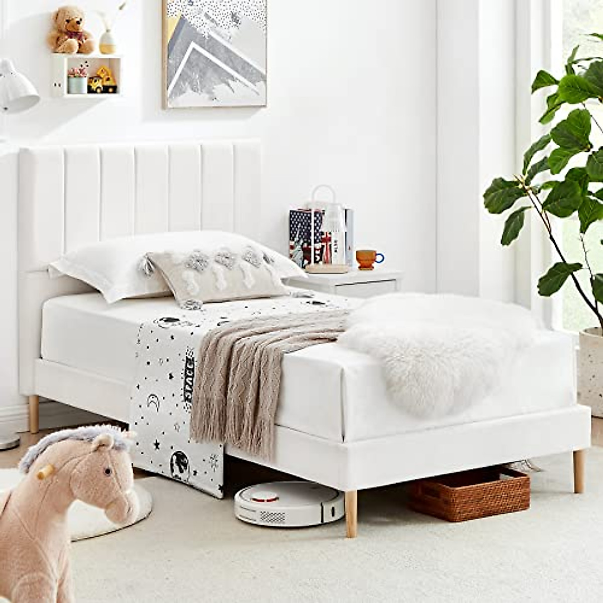 Flolinda Twin Bed Frame with Velvet Upholstered Headboard, Wooden Sprung Slat Support Extend Mattress Life, Modern Platform Bed Frame No Box Spring Needed, Easy Assembly, Cream White