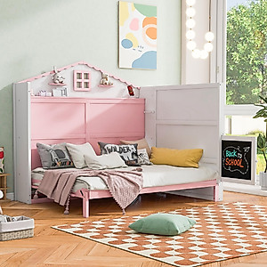 SOFTSEA Full Size Murphy Bed, Wooden House Folding Bed Frame with USB Posts, Storage Shelves and Blackboard, Wall Bed Frame with Window Design for Boys and Girls Bedroom, Pink