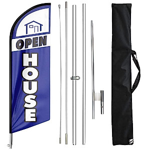 FSFLAG Open House Flags for Real Estate Agents, Open House Flag Pole Kit and Ground Stake, 11 FT Feather Banner Flag for Outside Business Advertising, Open House Banners for Real Estate (Blue)