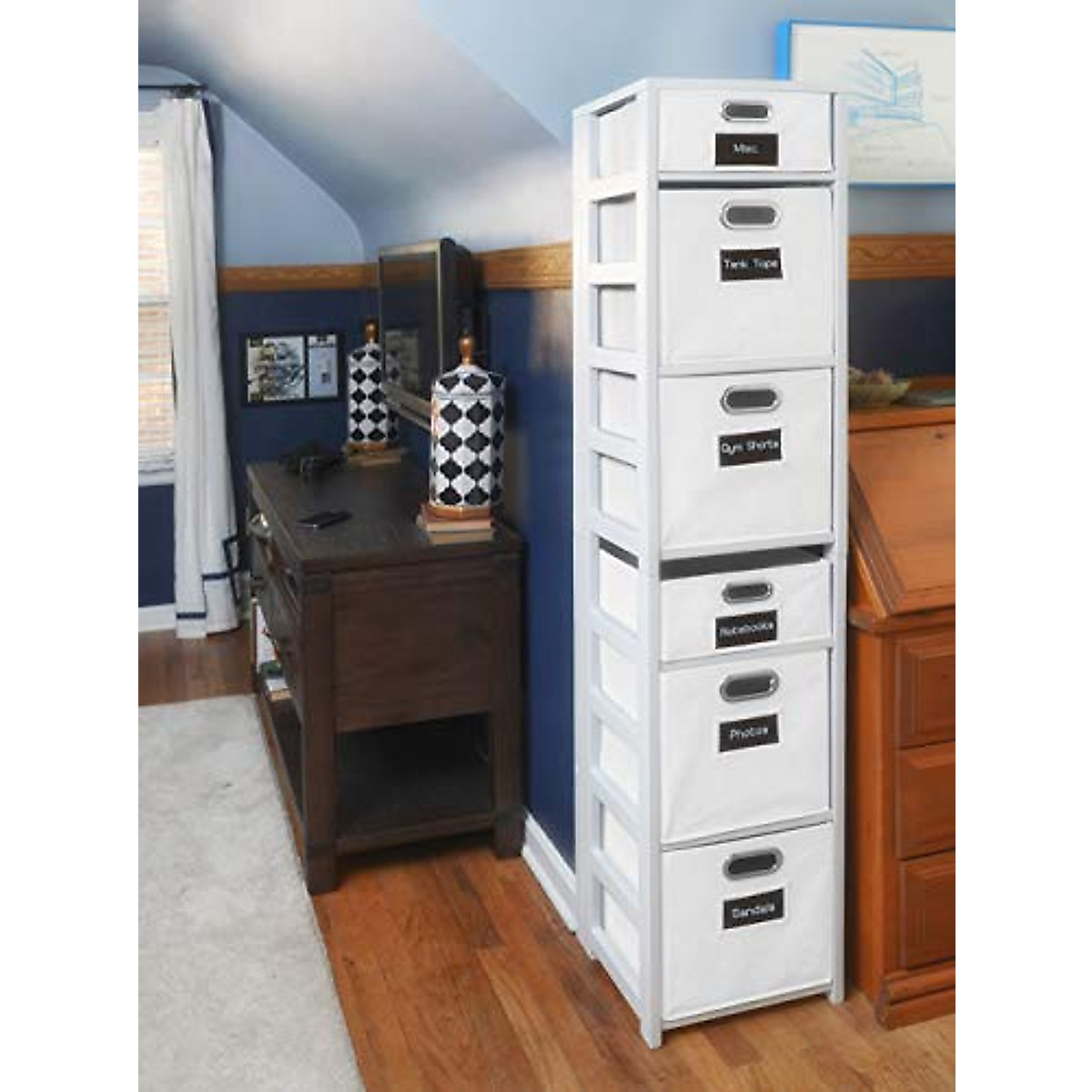 Regency Flip Flop 67 in Square Folding Bookcase with Folding Fabric Bins- White/White