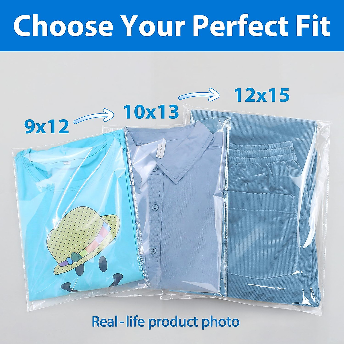 PigPotParty 100PCS 10"x13" Clear Plastic Cellophane Shirts Bags with Clothing Size Stickers, Resealable Self Seal Adhesive Bags for Jeans, Hoodies, Sweater, T-Shirt, Dress, Gift Packaging on Retail