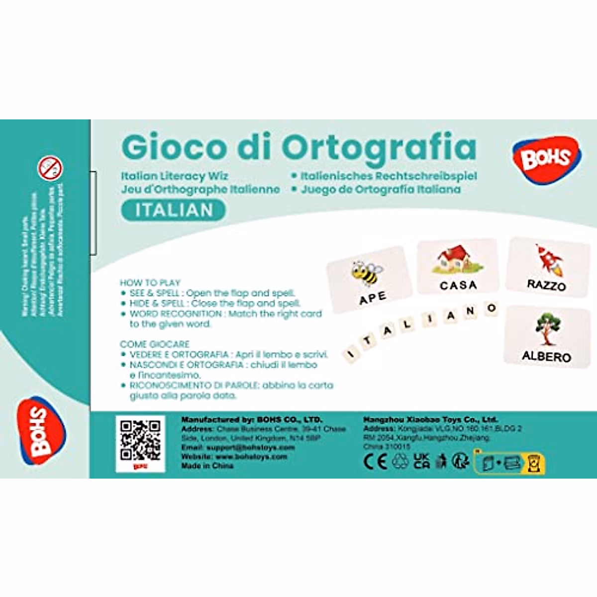 BOHS Italian Literacy Wiz Fun Game - See and Hide Spelling - 60 Flash Cards - Preschool Language Learning Educational Toys