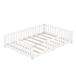Full Size Floor Bed for Kids, Wood Montessori Bed with Slats, Safety Fence & Door, Playhouse Floor Bed Frame with Rails for Girls Boys Children Teens, White