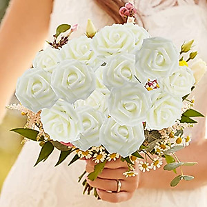 HONGMEIHUI Artificial Flowers Roses - 16 pcs Fake Rose Flowers for Wedding Decorations, Flores Artificiales, Faux Flowes White Roses with Stems for Home Bedroom Party Decor (Ivory)