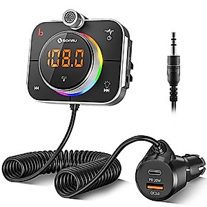 Bluetooth Car Adapter, SONRU QC3.0+PD Bluetooth FM Transmitter for Car Radio [Adjustable Microphone & Bass] [Air Vent Install] Hands-Free Call AUX Bluetooth Receiver for Car, SD Card Slot/Siri