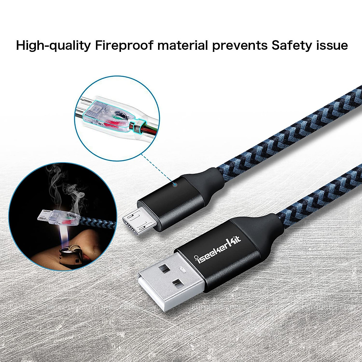 iSeekerKit Short Micro USB Cable 1Ft Nylon Braided Fast USB Charging Cord Compatible for External Battery Charger, Samsung, HTC, LG, Android and More [3 Pack] (Black)