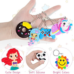 65 PCS Cartoon Keychains for Kids Party Favors Bulk Key Chain with Video Game, Ball, Guitar, Dinosaur, Donut, Glow-in-the-dark Unicorn Keychains Suitable for School Day Birthday Party Supplies Gifts