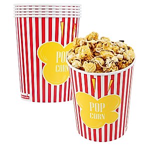 Restaurantware-Bio Tek 32 Ounce Popcorn Cups, 100 Striped Popcorn Tubs - Greaseproof, Disposable, Red Paper Party Popcorn Containers, For Movie Nights