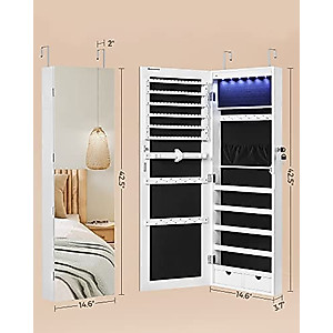 SONGMICS 6 LEDs Mirror Jewelry Cabinet, 42.5-Inch Tall Lockable Wall or Door Mounted Jewelry Armoire Organizer with Mirror, 2 Drawers, 3.7 x 14.6 x 42.5 Inches, White UJJC99WT