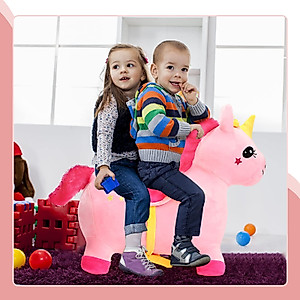 Bouncy Christmas Pink Unicorn Bouncer, Toddler Girl Bouncing Animal Hopper, Inflatable Plush Hopping Toy for Baby First Birthday Gift 36 Month 3 4 Year Old Kid