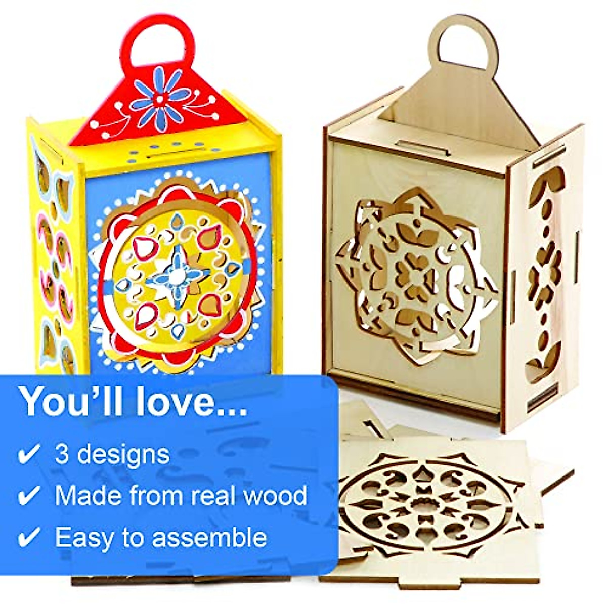 Baker Ross Rangoli Wooden Lantern - Pack of 3, Wooden Craft Set for Children, Arts and Crafts for Kids Activities for Kids to Color in, Decorate and Display (FE843)