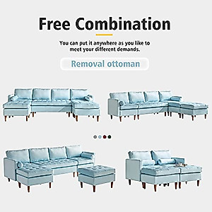 wirrytor Modular Sectional Sofa, Velvet U Shaped Couch, Modular Sectional with Reversible Ottomans for Living Room, Blue
