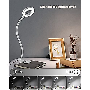 EYOCEAN LED Clip on Light Reading Light, USB Eye-Care Reading Light for Headboard, 3 Modes & 10 Dimming 7W Clamp Desk Lamp, 360°Flexible Gooseneck Night Light(Adapter Included), White