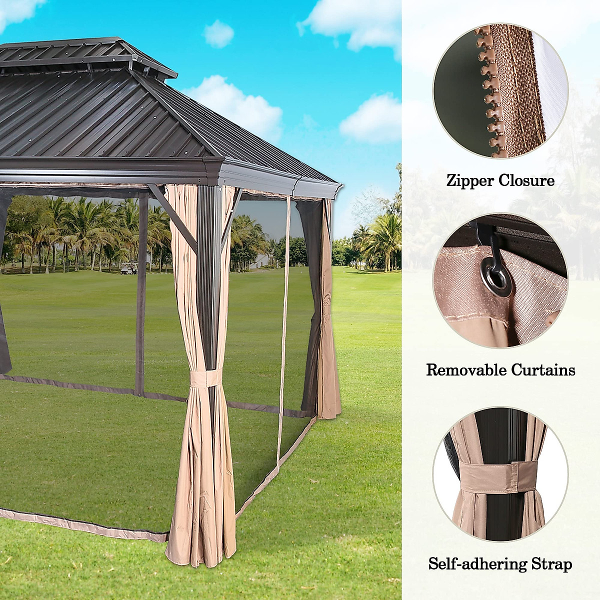 Patio Tree 10' x 12' Patio Gazebo Non-Rust Aluminum Outdoor Hardtop Permanent Pergola Shelter Tent with Galvanized Steel Canopy Roof, Mosquito Netting and Privacy Curtain