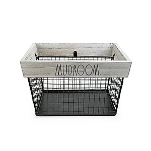 Rae Dunn Mudroom Wire Storage Basket – Metal and White Wash Wood Bin – Decorative Storage Bin for Mudroom, Entryway, Closet, Shoes, and More – Mudroom Ideas