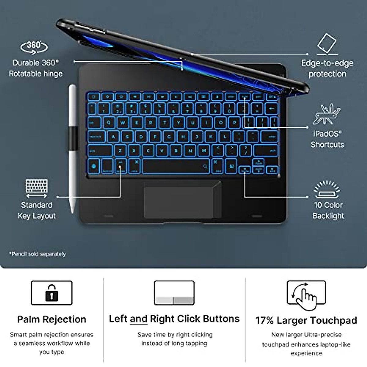 typecase Touch iPad 9th Generation Case with Keyboard (10.2", 2021), Multi-Touch Trackpad, 10 Color Backlight, 360° Rotatable, Thin & Light for 8th Gen (2020), 7th Gen (2019), Air 3, Pro 10.5 (Black)