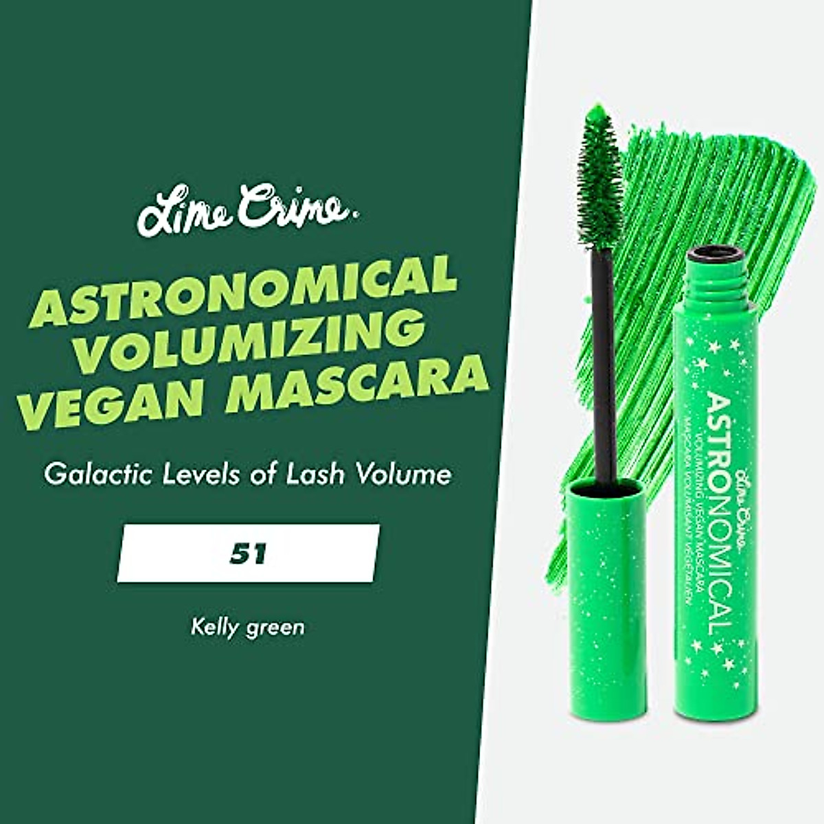 Lime Crime Astronomical Volumizing Vegan Mascara, 51 (Kelly Green) - Easy-to-Apply Creamy Formula with Bold & Full Lashes - Fiber Brush Separates and Defines for Instant Volume - Vegan & Cruelty Free