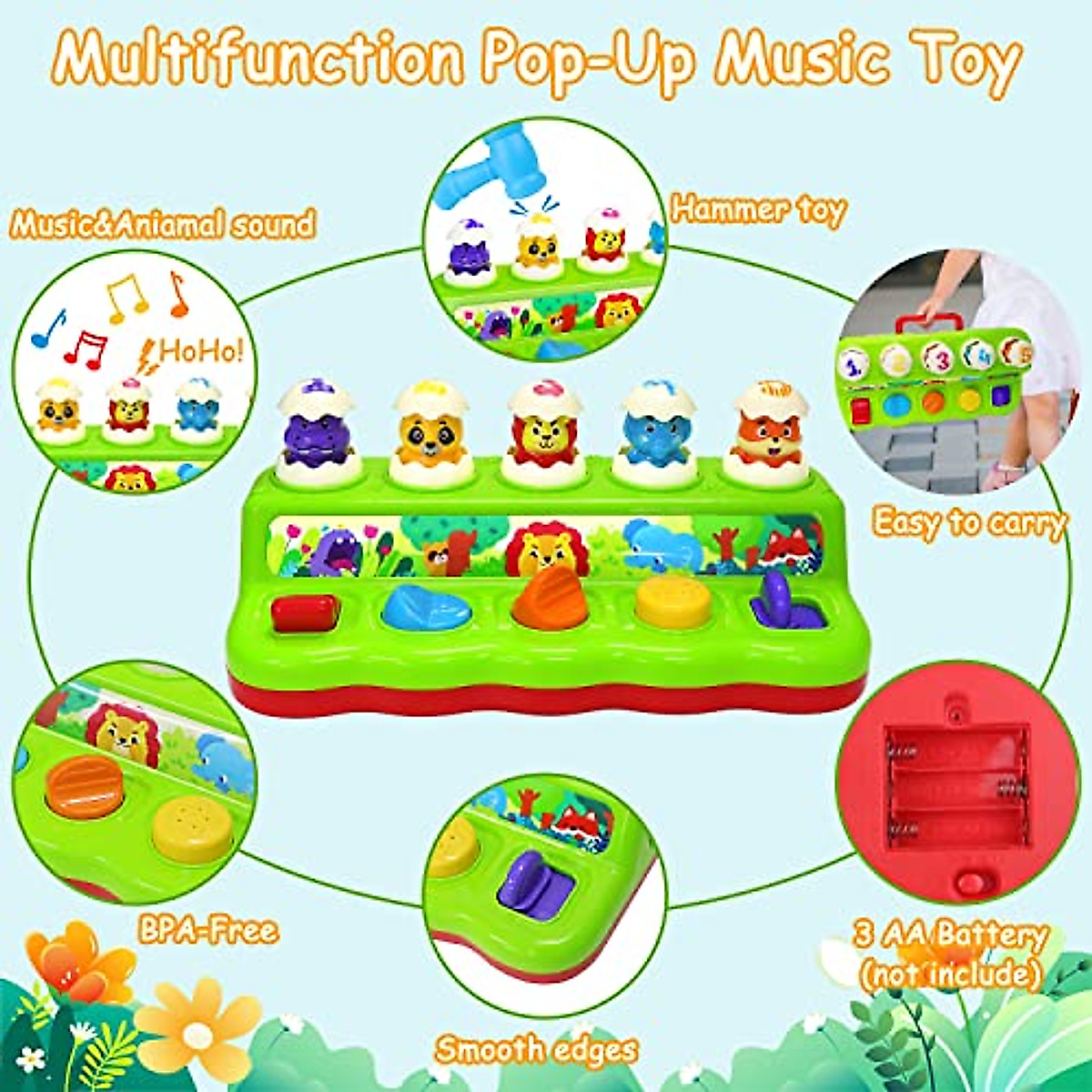 Cieyan Interactive Pop Up Animals Toy with Music and Light, Animal Sound, Hammer, Baby Toys 12-18 Months 9+ Months, Cause and Effect Toys for 1 Year Old Boy Girl Toddler Toys Age 1-2 Baby Musical Toys